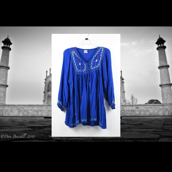 Greta | Tops | Greta Embroidered Sheer Flowing Bright Blue Tunic | Poshmark